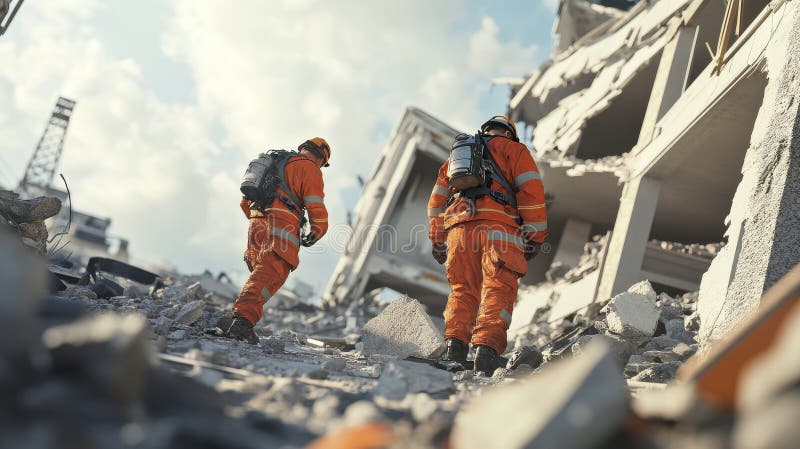 Two Rescue Workers in Orange Suits Navigate a Debris-filled Area after ...