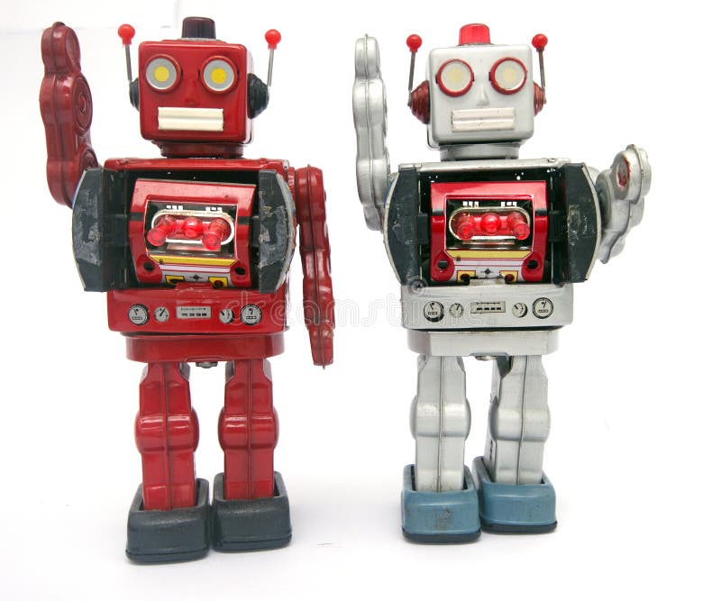 Two Reto Robots Waving Hello I Stock Image - Image of hello, robots ...