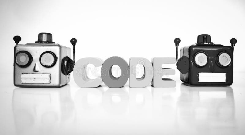 Two Retro Robot Head on White with the Word CODE Stock Photo - Image of ...