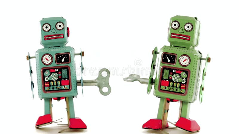 Two Retro Robots Meet Isolated Stock Video - Video of communication ...