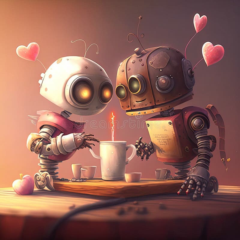 Two Retro Robots on a Romantic Date in a Cafe Stock Illustration ...
