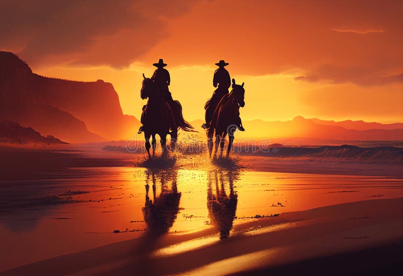 Two Riders Travel on Horseback Along the Seashore. AI Generated Stock ...