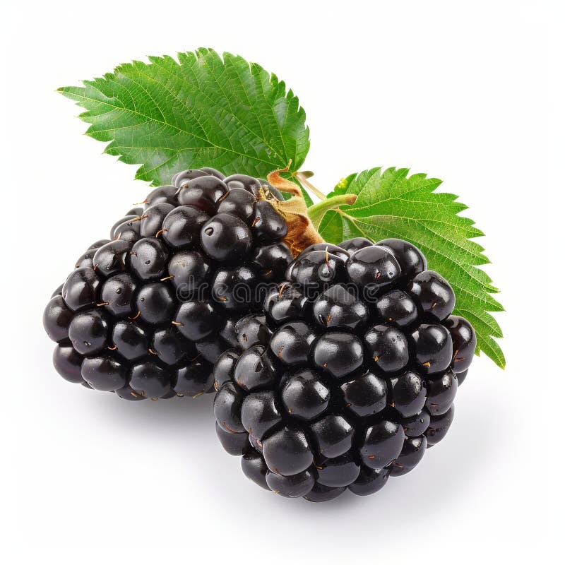 Two Ripe Blackberries with Green Leaves are Isolated on a White ...