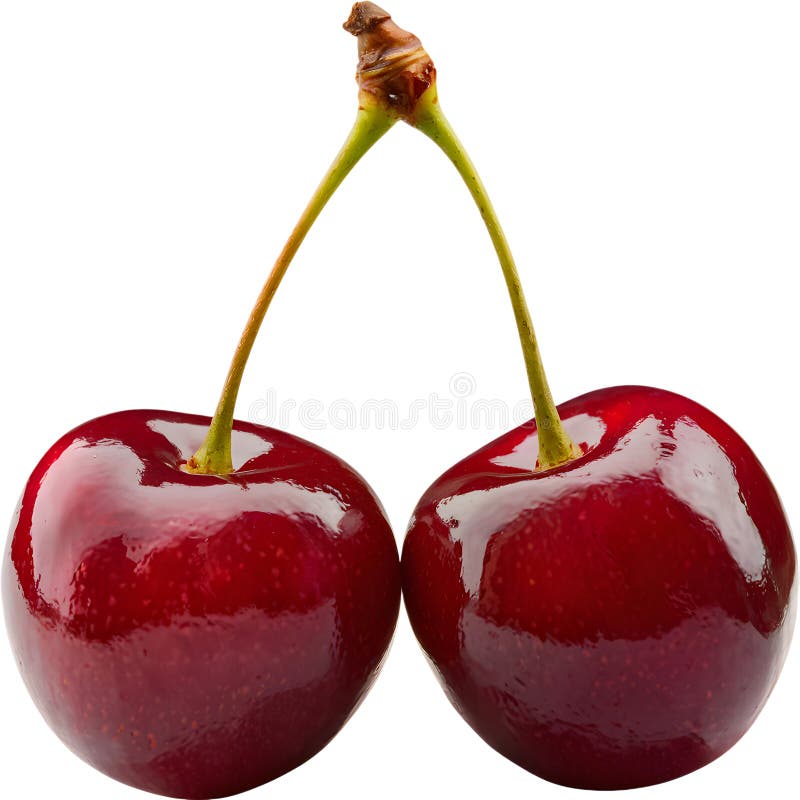 Two Ripe Cherries Attached by Stems, Reflecting a Glossy, Deep Red ...