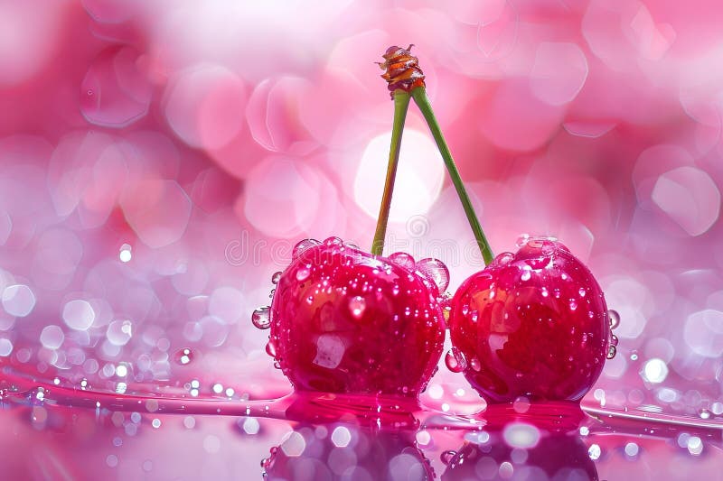 Vibrant Red Cherry Water Drops Glossy Surface Background Stock Photos ...