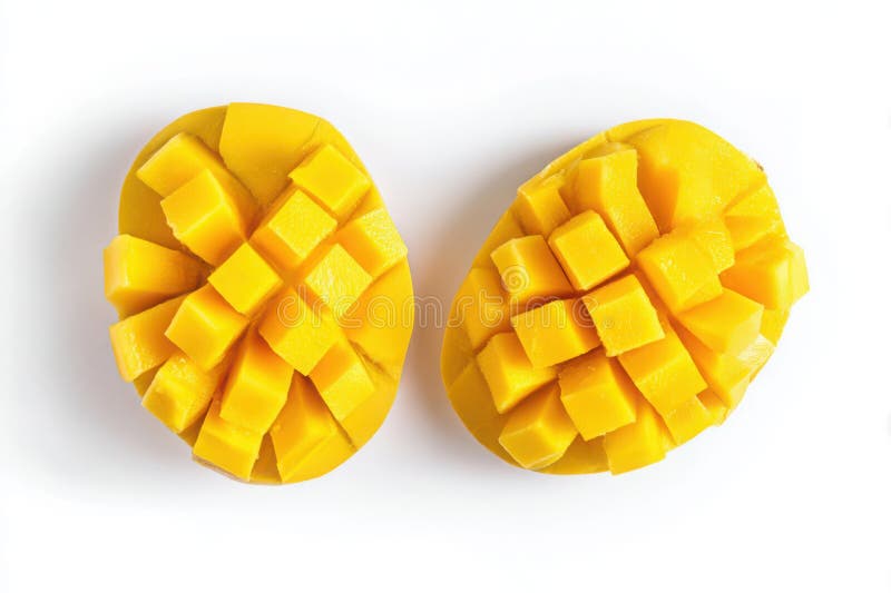 Two Ripe Mango Halves with a Diced Cut, Placed Against a Plain White ...