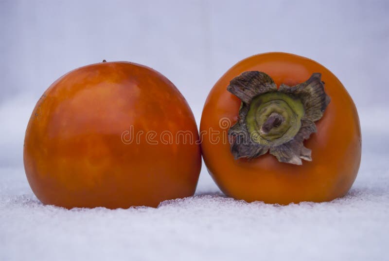 Two Ripe Orange Persimmons Lie in the Snow Stock Photo - Image of ...