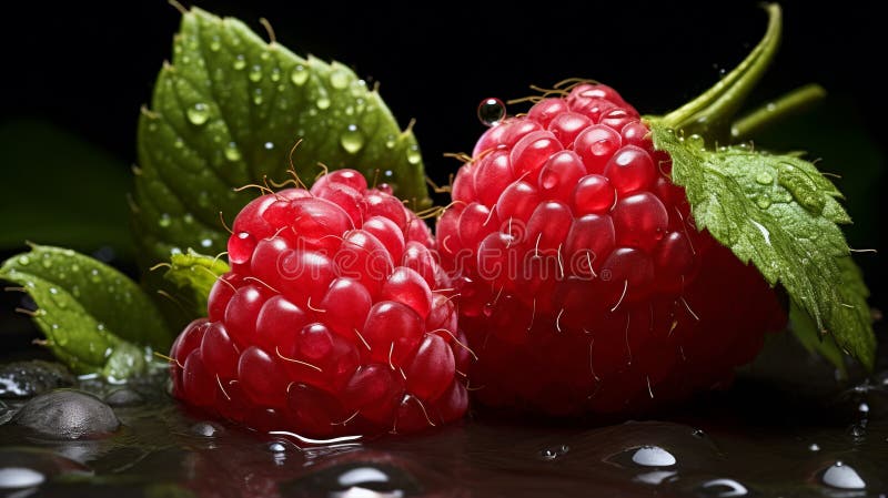 Stunning Raspberry Still Life Artwork with Raindrops on Black ...