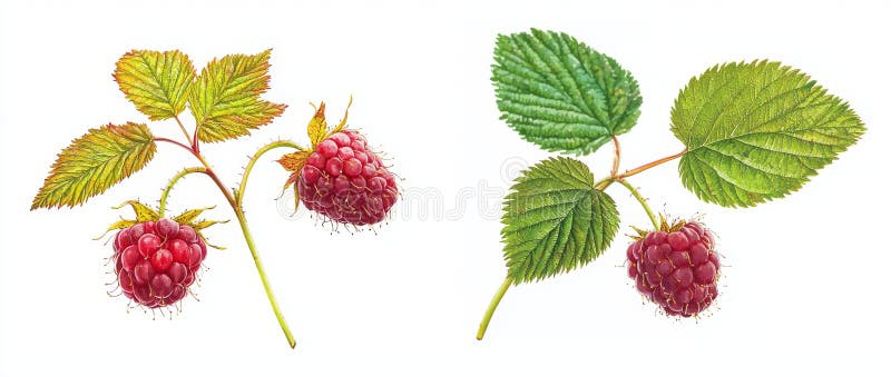 Two Ripe Raspberries and Green Leaves, Isolated on a White Background ...