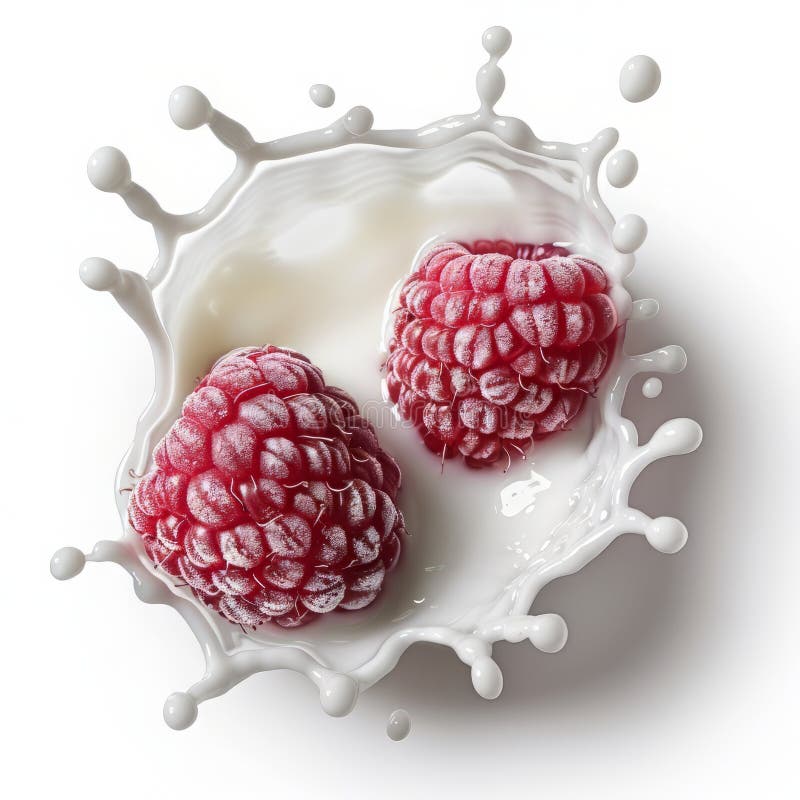 Two Ripe Raspberries Sink into a Splash of White Milk Stock ...