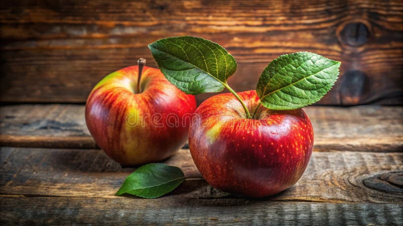 Two Ripe Red Apples with Vibrant Green Leaves Rest on a Rustic Wooden ...
