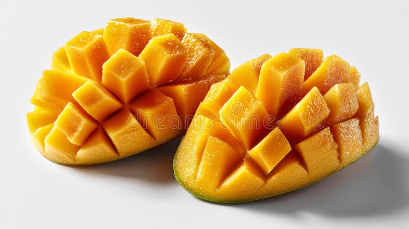 Two Ripe Yellow Mangoes Sliced and Arranged on White Background Stock ...