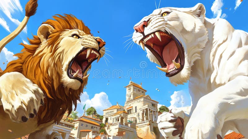 Two Roaring Lions with Open Mouths Face Off in a Grassland Covered in ...