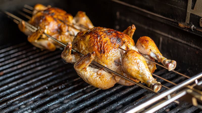 Two Roasted Chickens on a Rotisserie Grill, Close-up Stock Image ...