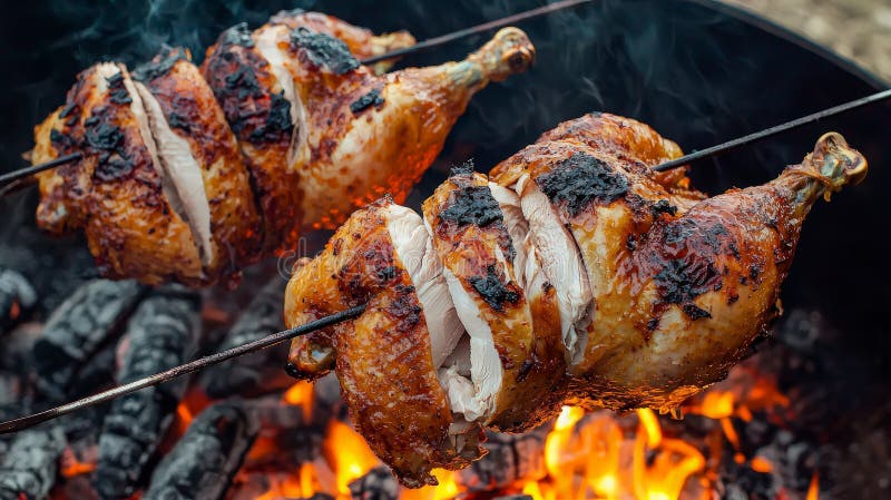 Two Roasted Chickens on Skewers Over an Open Fire, Grilled and Sliced ...