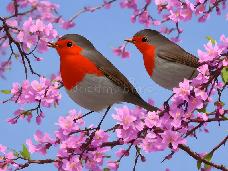 Two Robin Birds Sitting on a Branch of Blossoming Sakura Stock ...