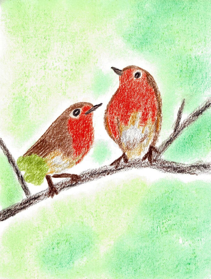 Two Robins - Hand-Drawn Colored Pencil Drawing / Soft Pastel Chalk ...