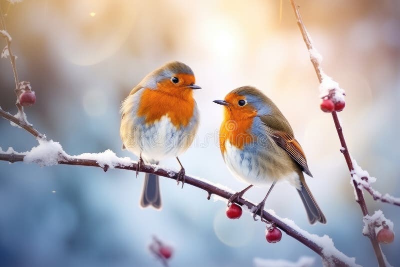 Two Robins in a Wintry Dance, Perched on Snow-Dusted Berries - a ...