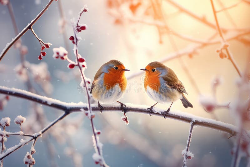 Two Robins in a Wintry Dance, Perched on Snow-Dusted Berries - a ...