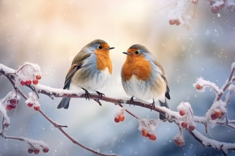 Two Robins in a Wintry Dance, Perched on Snow-Dusted Berries - a ...