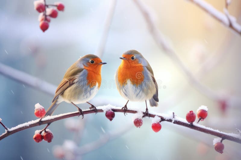 Two Robins in a Wintry Dance, Perched on Snow-Dusted Berries - a ...