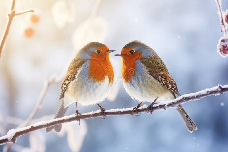 Two Robins in a Wintry Dance, Perched on Snow-Dusted Berries - a ...