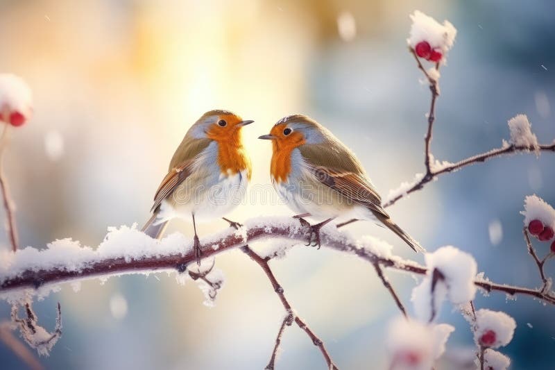 Two Robins in a Wintry Dance, Perched on Snow-Dusted Berries - a ...