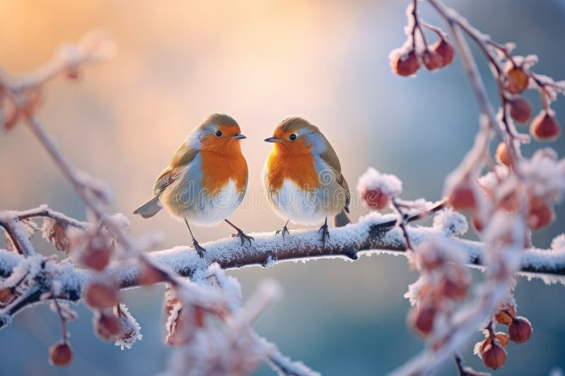Two Robins in a Wintry Dance, Perched on Snow-Dusted Berries - a ...