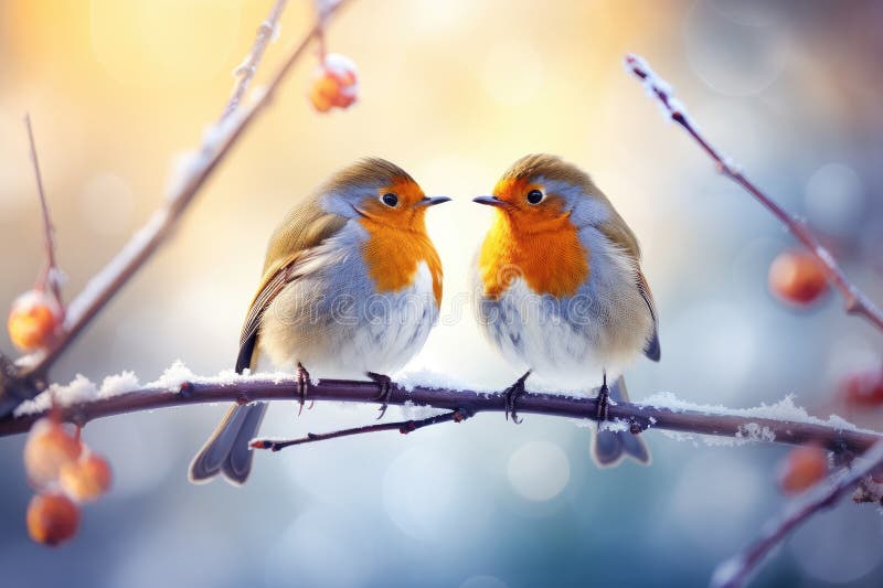 Two Robins in a Wintry Dance, Perched on Snow-Dusted Berries - a ...