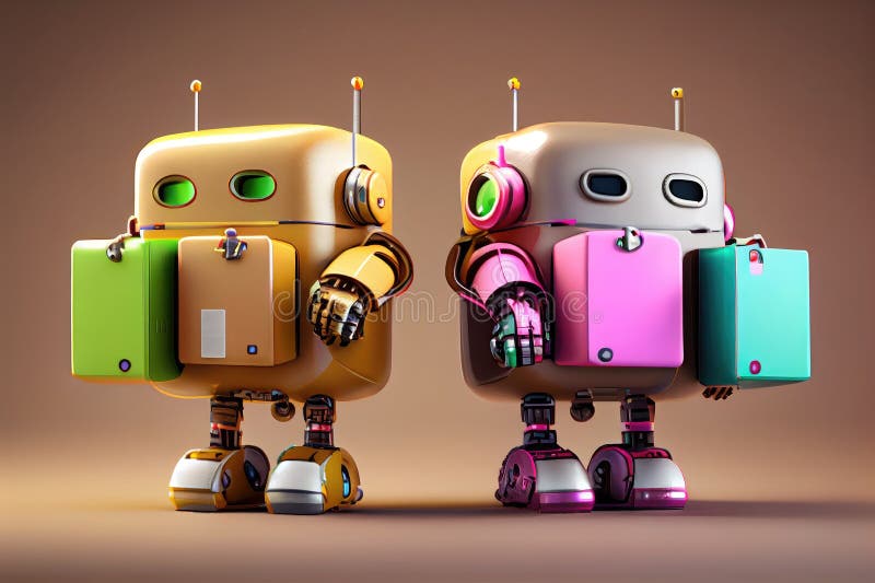 Two Robot Androids, Delivering Packages To Different Destinations Stock ...