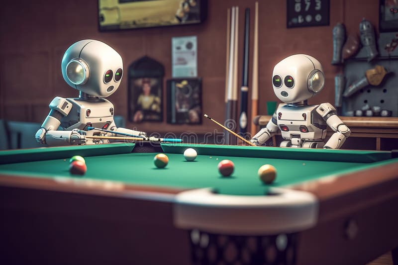 Two Robot Friends Playing Pool Billiard Table Game Together, Generative ...