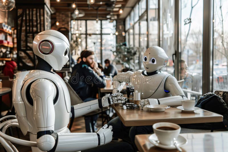 Two Robot Sitting in Bright Cafe and Talking To Each Other Stock ...