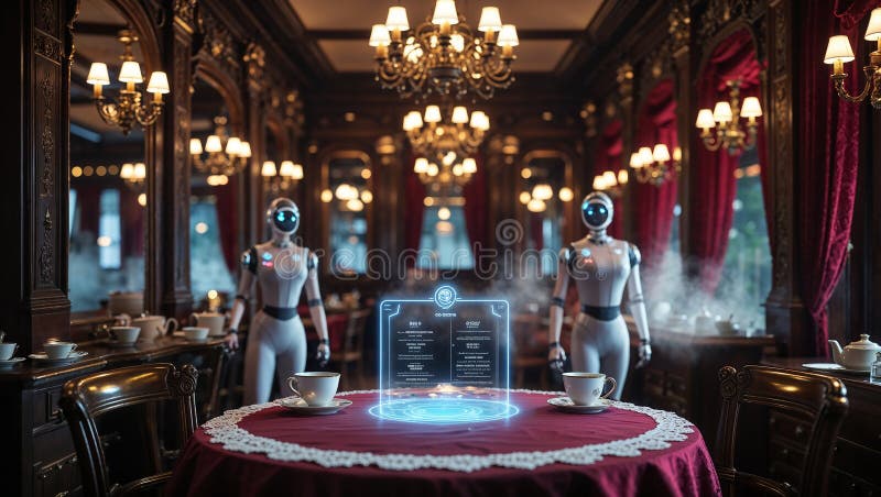 Two Robot Waiters Serving Tea in Luxurious Victorian Restaurant Stock ...