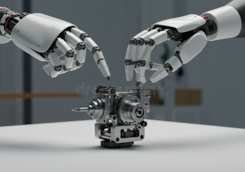 Two Robotic Arms Assembling Mechanical Parts Stock Illustration - Illustration of precision ...