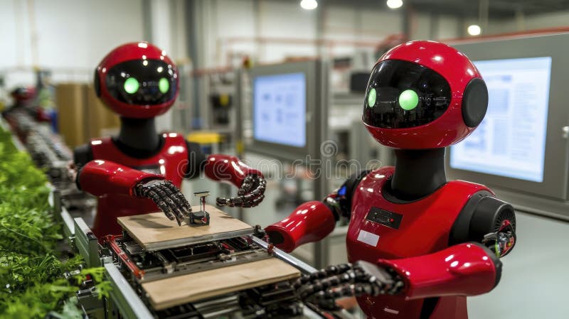 Robots Collaborating on Assembly Line Manufacturing Facility High-tech ...