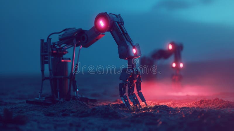 Robotic Arms Mining at Night in a Futuristic Landscape Stock Photo ...