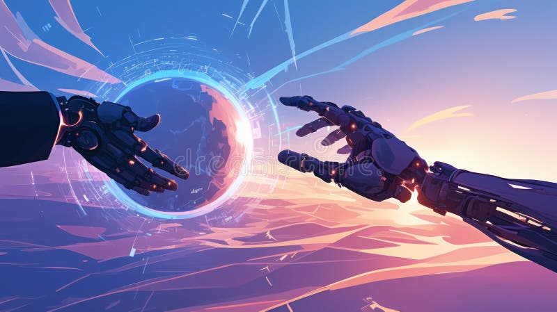 Two Robotic Arms Reach Towards Each Other with a Digital Sphere between ...