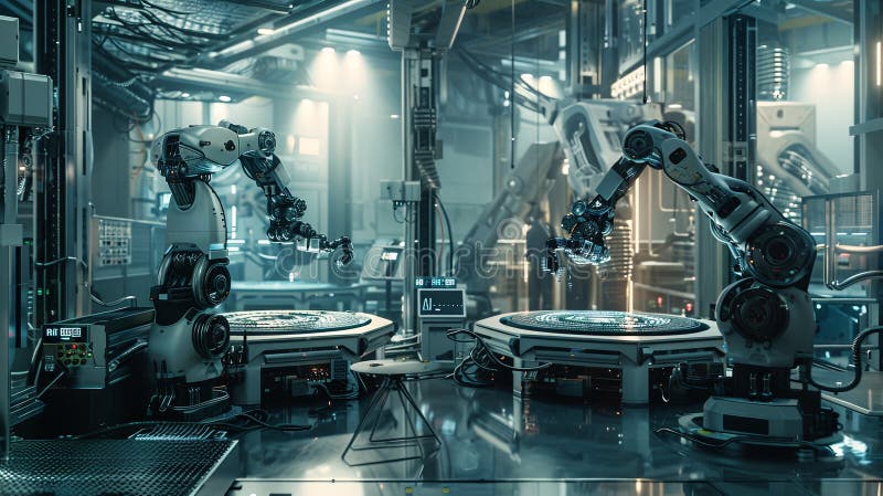 Two Robotic Arms Operate in a Clean, Modern Manufacturing Plant. the ...