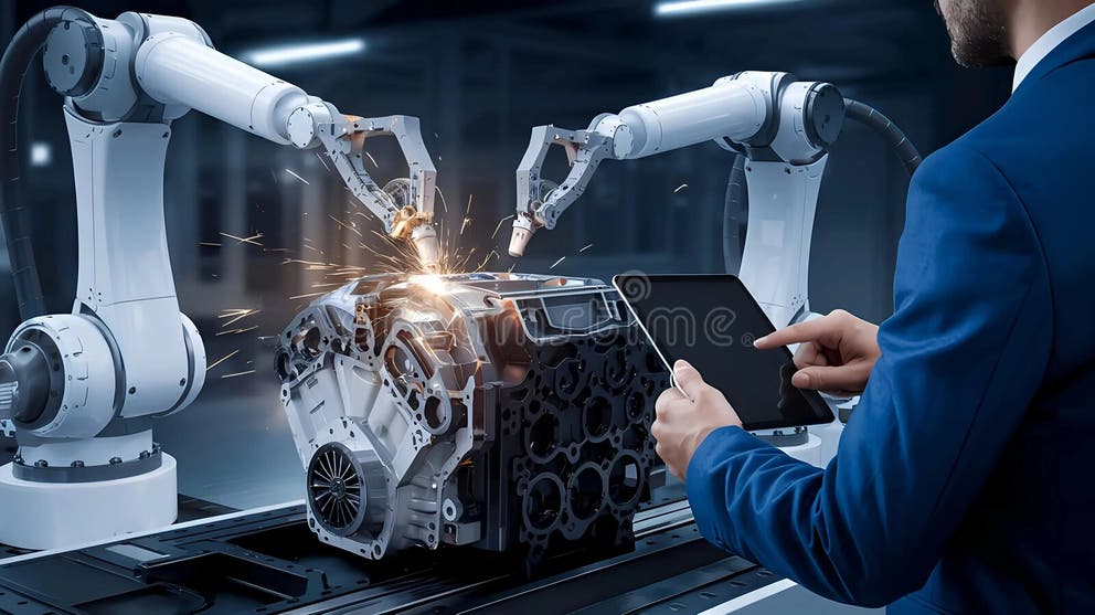 Two Robotic Arms Weld a Car Engine Component while a Worker Monitors ...