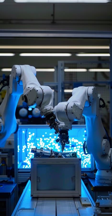 Two Robotic Arms Working on Assembly Line Stock Illustration ...