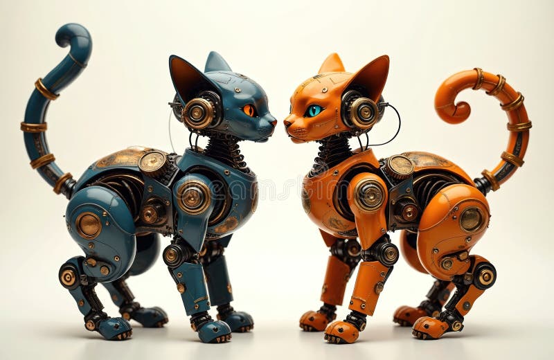 Two Robotic Cats with Elegant Forms Pose Side by Side on White ...