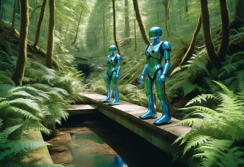 Two Robotic Creatures with Large Eyes and Mechanical Features in a Lush ...