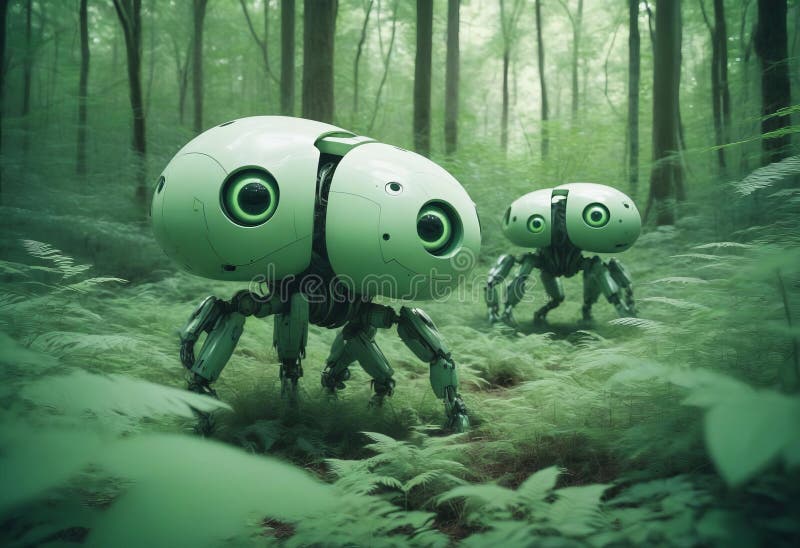 Two Robotic Creatures with Large Eyes and Mechanical Features in a Lush ...