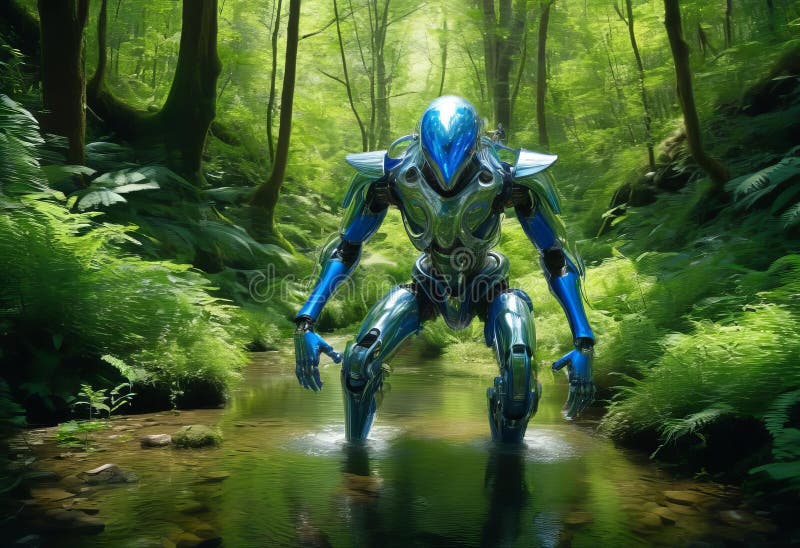 Two Robotic Creatures with Large Eyes and Mechanical Features in a Lush ...