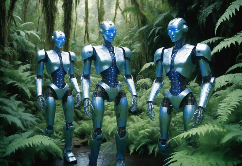 Two Robotic Creatures with Large Eyes and Mechanical Features in a Lush ...