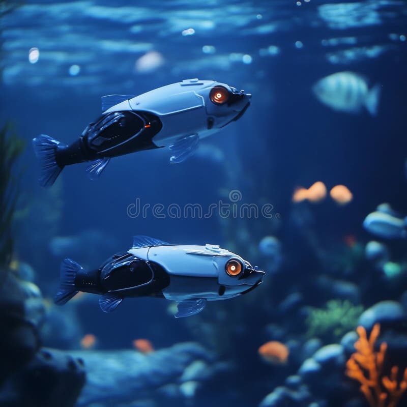 Two Robotic Fish Swimming in a Blue Aquarium Stock Illustration ...