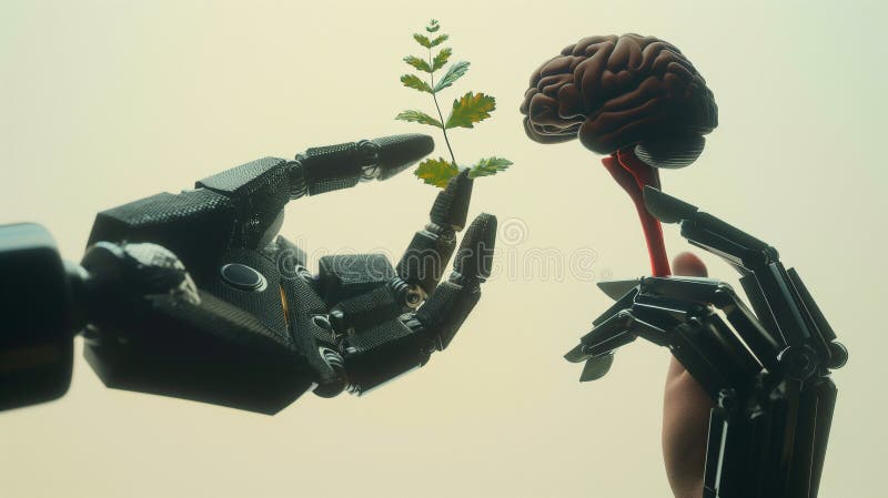 Two Robotic Hands Delicately Holding a Small Plant and a Brain ...