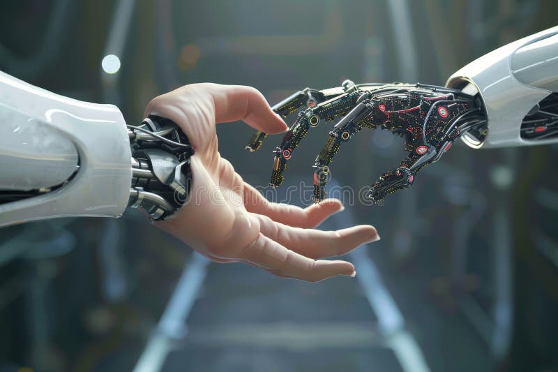 Two Robotic Hands Make Contact in a High-tech Environment, Symbolizing ...