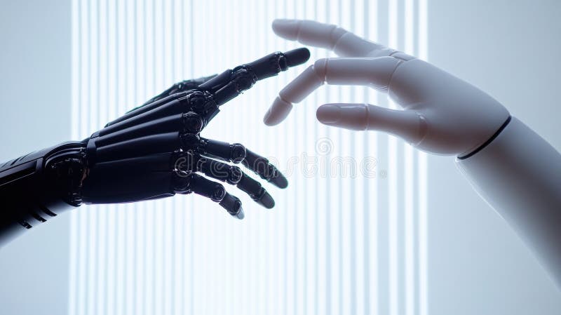 Two Robotic Hands Reaching for Each Other in Front of a Light, AI Stock ...