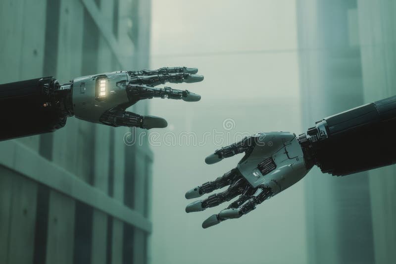 Two Robotic Hands Reaching Towards Each Other in a Futuristic Setting ...